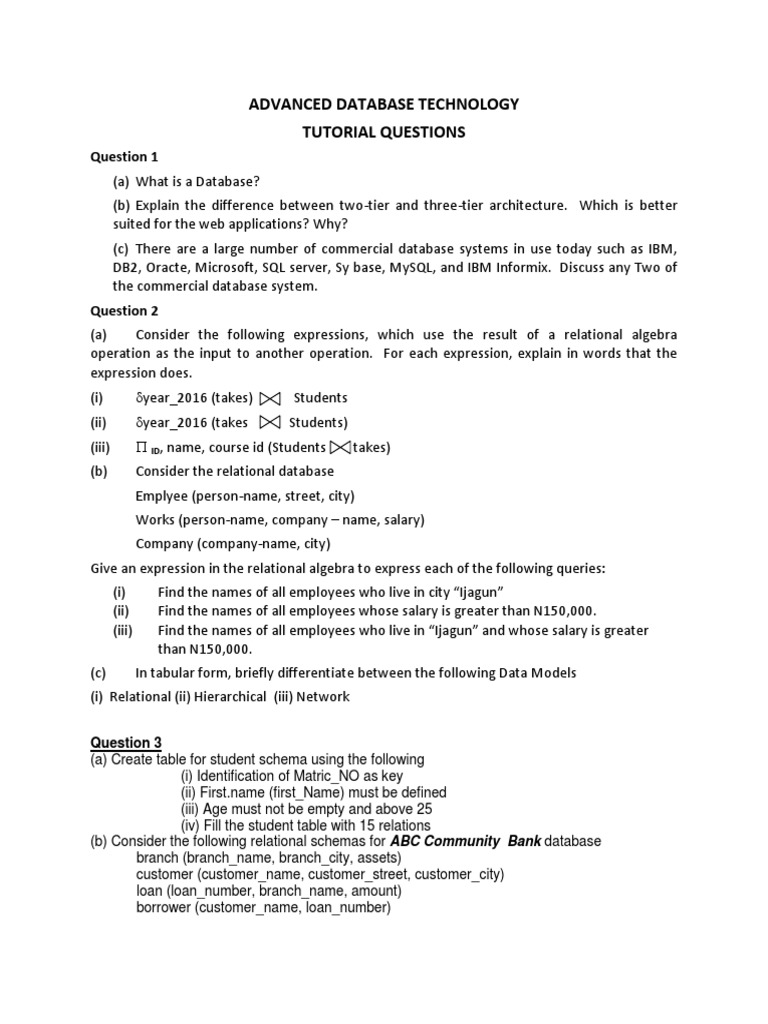 Advanced Database Technology Tutorial Questions-Funaab | PDF ...