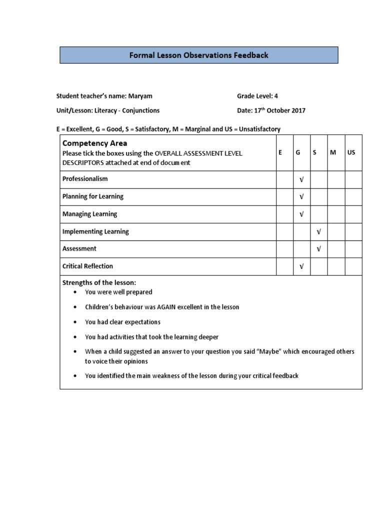 Formal Lesson Observation Feedback - Maryam 17 10 17 | PDF