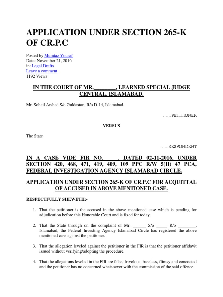 Application Under Section 265 | PDF | Complaint | Prosecutor