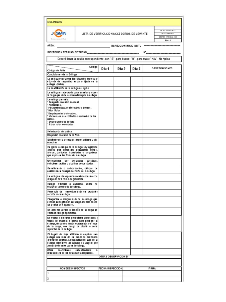 Check List Eslingas | Science | Ingeniería
