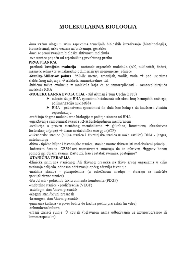 Molekularna Biologija Skripta 1 | PDF