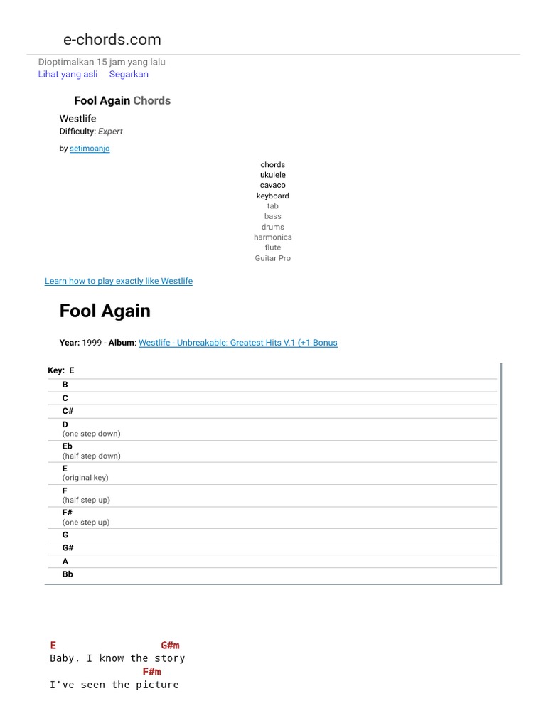 FOOL AGAIN Chords - Westlife - E-Chords | PDF | Pop Songs | Popular Music