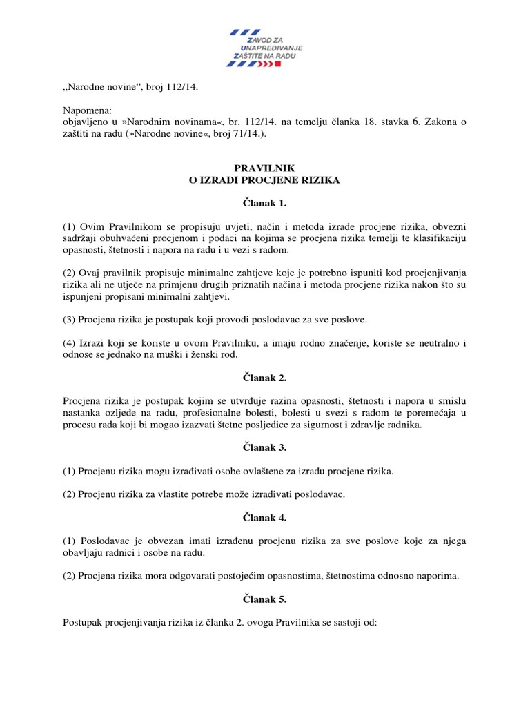 Pravilnik o Izradi Procjene Rizika | PDF