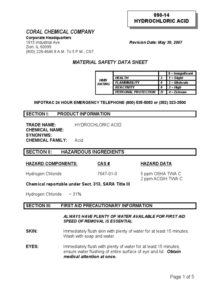 Hcl Msds