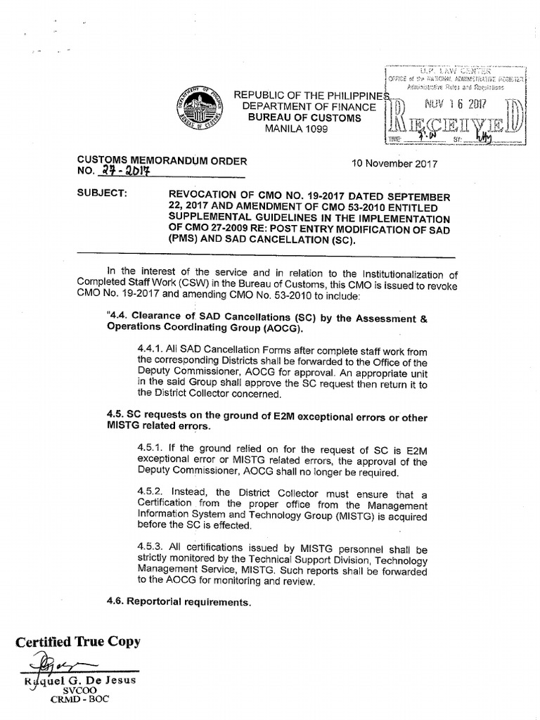 Bureau of Customs CMO 27-2017 Revocation of CMO No. 19 DTD Sept 22 2017 and Amendment of CMO 53 ...