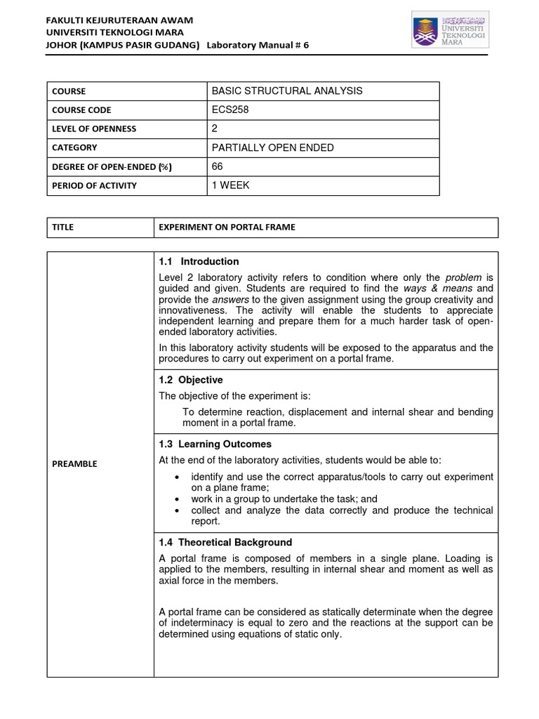 Lab 6 - Experiment On Portal Frame | PDF | Experiment | Laboratories