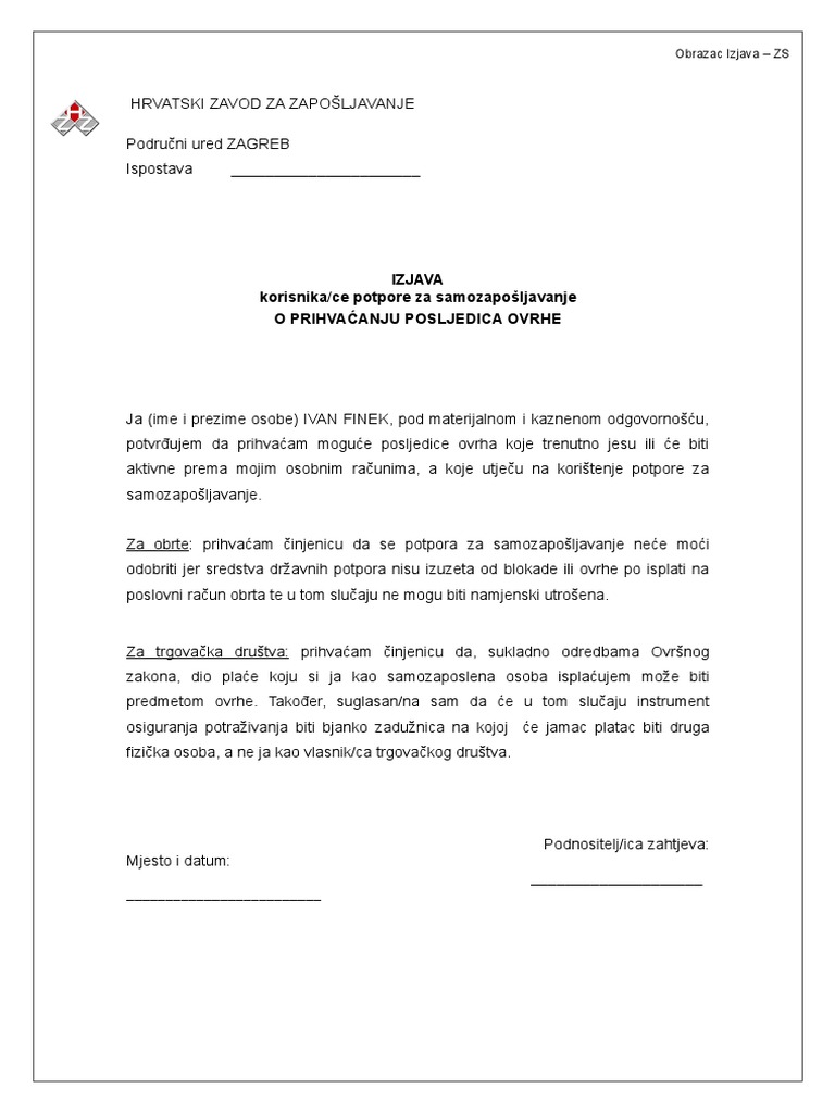 05 Izjava o Prihvaćanju Posljedica Ovrhe