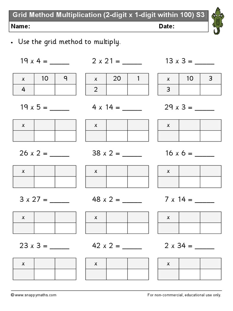 Grid Method Multiplication (2-Digit X 1-Digit Within 100) S3 | PDF