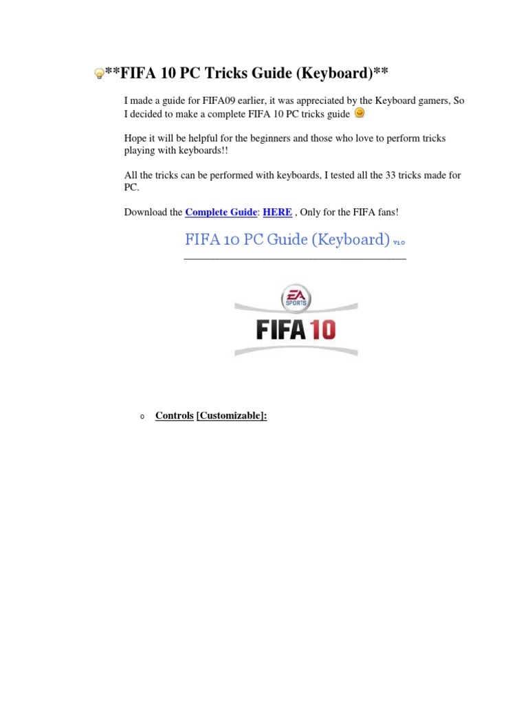 FIFA 10 PC Tricks Guide | Download Free PDF | Football Codes ...