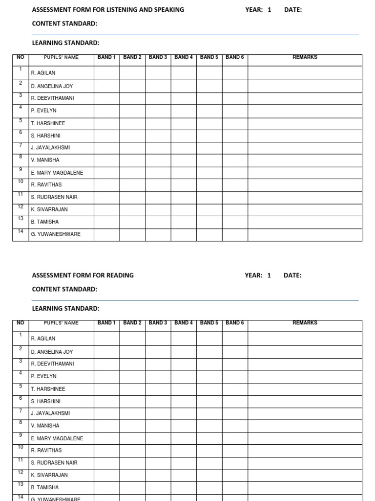 Year 1 Language Arts Assessment Form | PDF