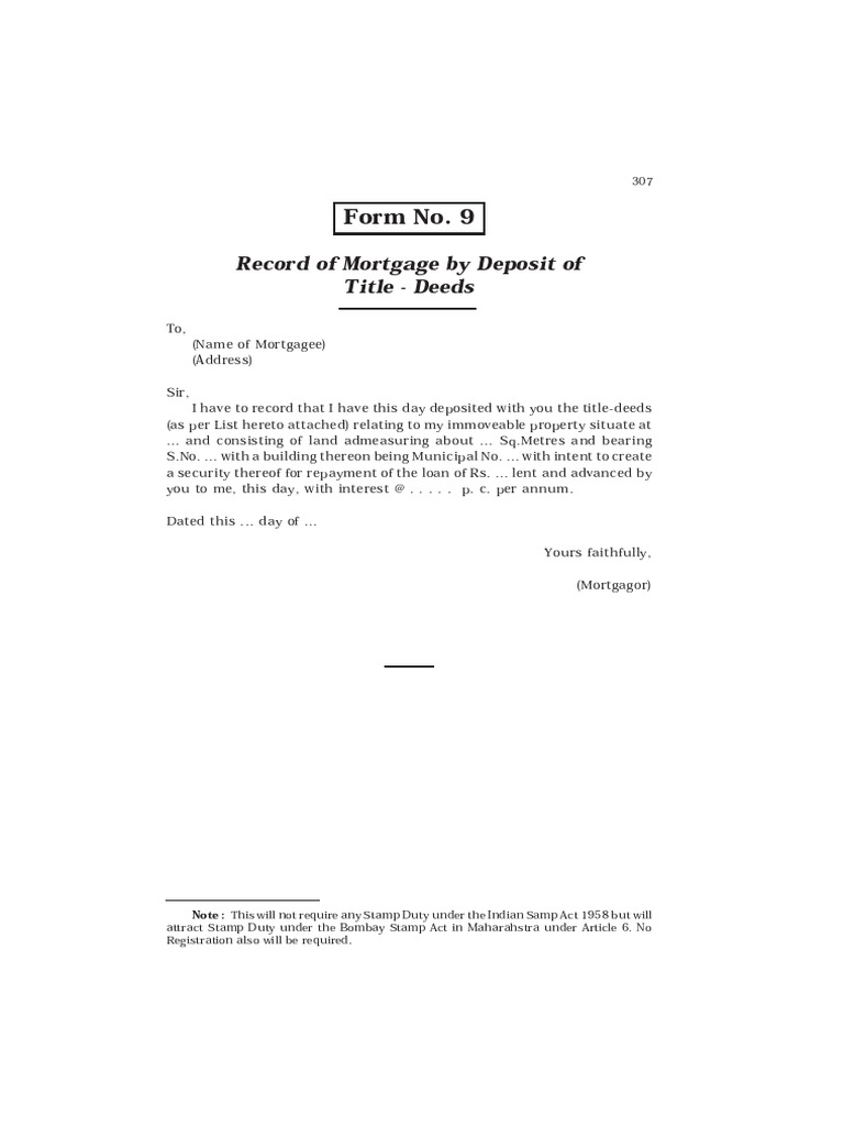 Form No. 9: Record of Mortgage by Deposit of Title - Deeds | PDF