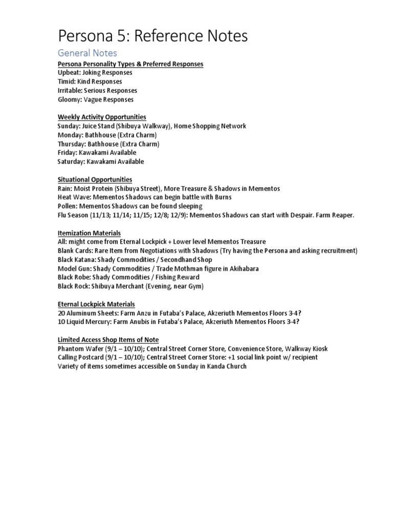 Persona 5 Notes v2 | PDF
