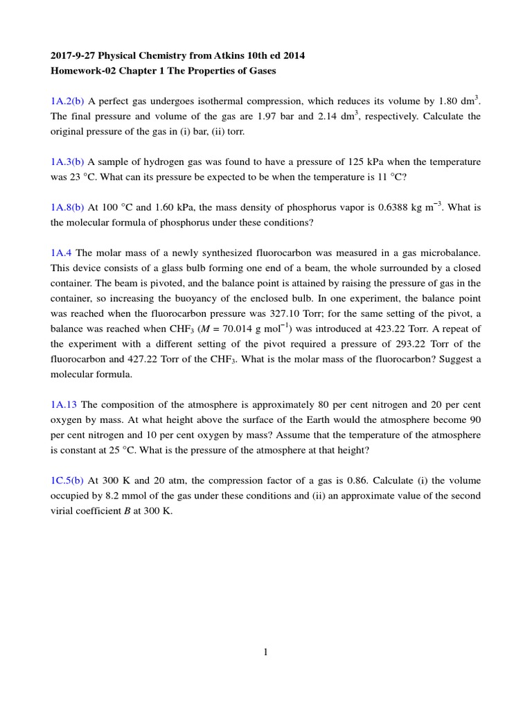 Physical Chemistry Homework on Gases | PDF | Argon | Gases