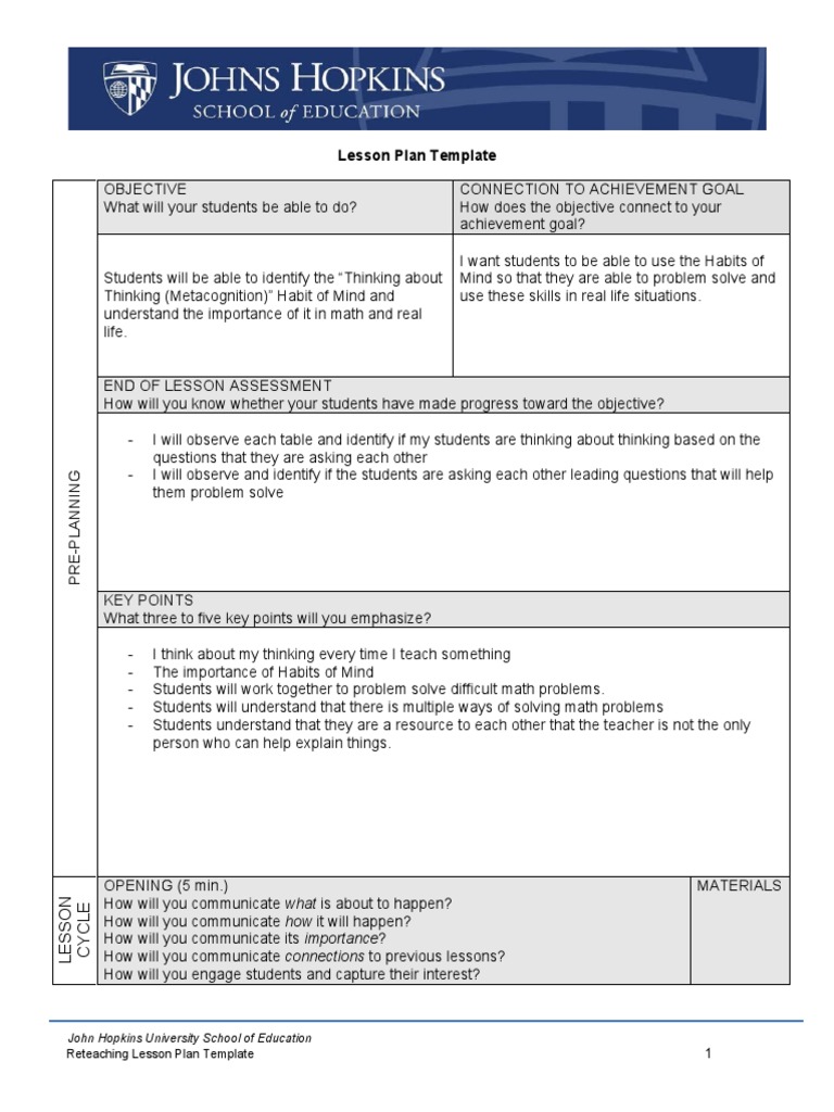 Lesson Plan Template: John Hopkins University School of Education | PDF ...