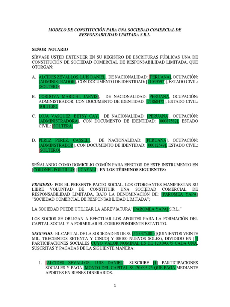 Modelo de Constitución Para Una Sociedad Comercial de Responsabilidad Limitada s.r.l. | Sociedad ...