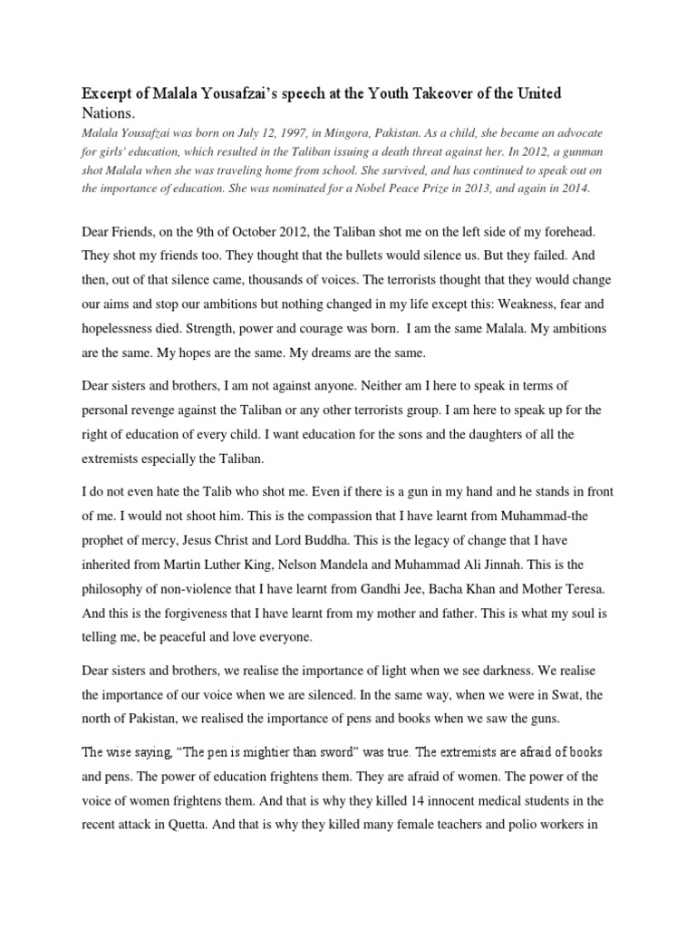 Excerpt of Malala Yousafzai's Speech at The Youth Takeover of The ...