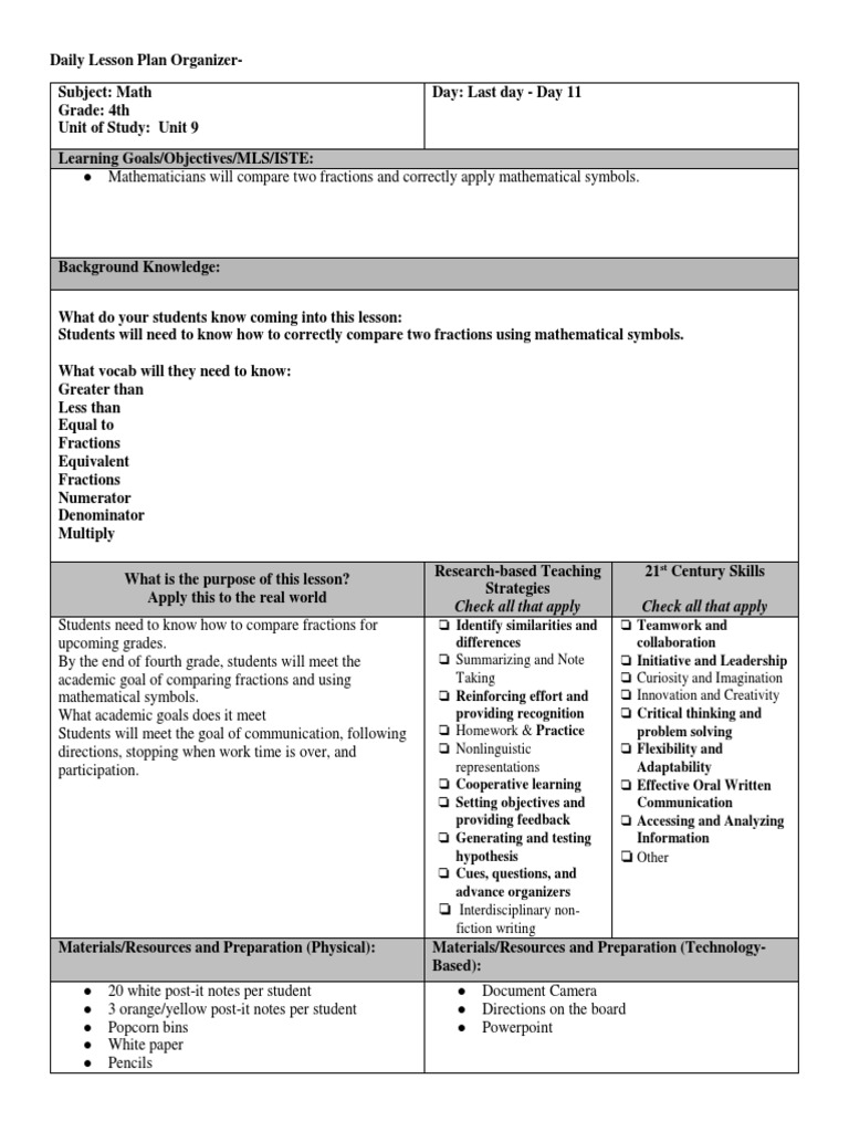 Lesson Plan Organizer Template - Ed 2020 - 4th Grade | PDF | Fraction ...