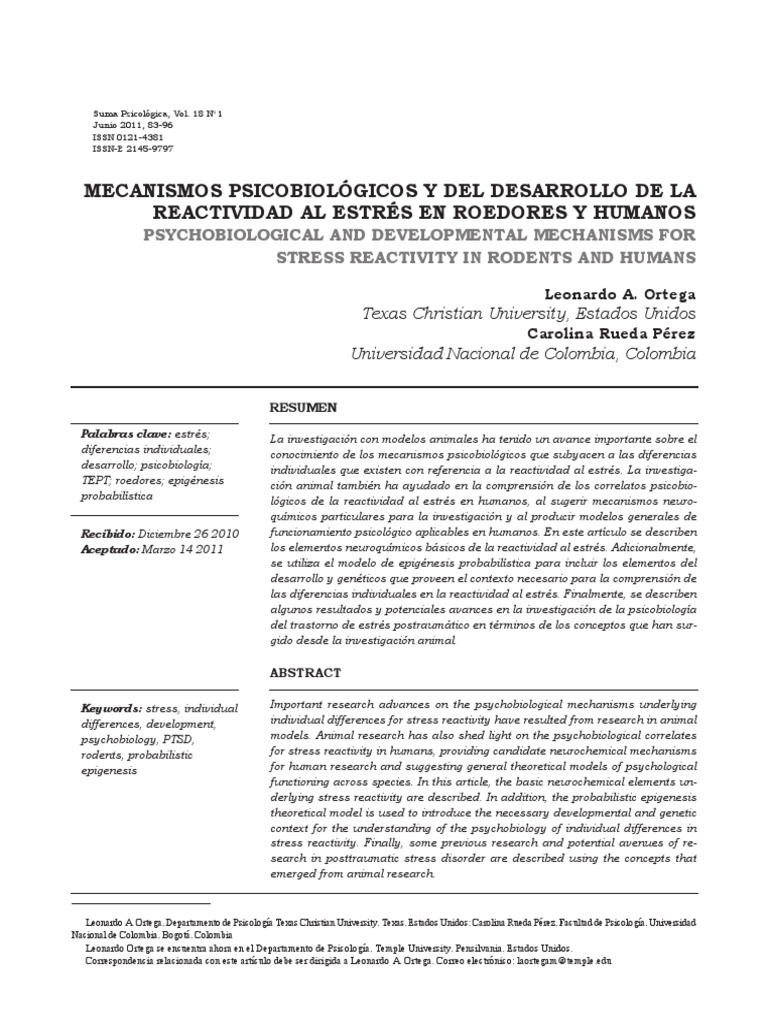 Mecanismos Psicobiológicos y Del Desarrollo de La Reactividad Al Estrés en Roedores y Humanos ...