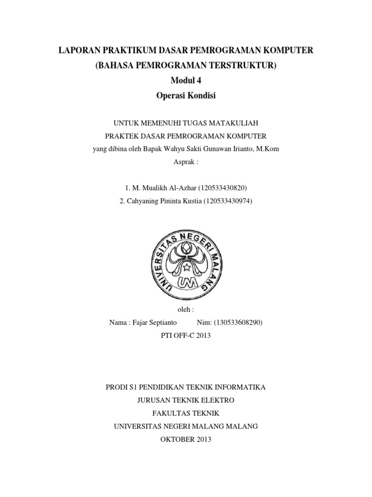 Contoh LAPORAN PRAKTIKUM DASAR PEMROGRAMAN KOMPUTER | PDF