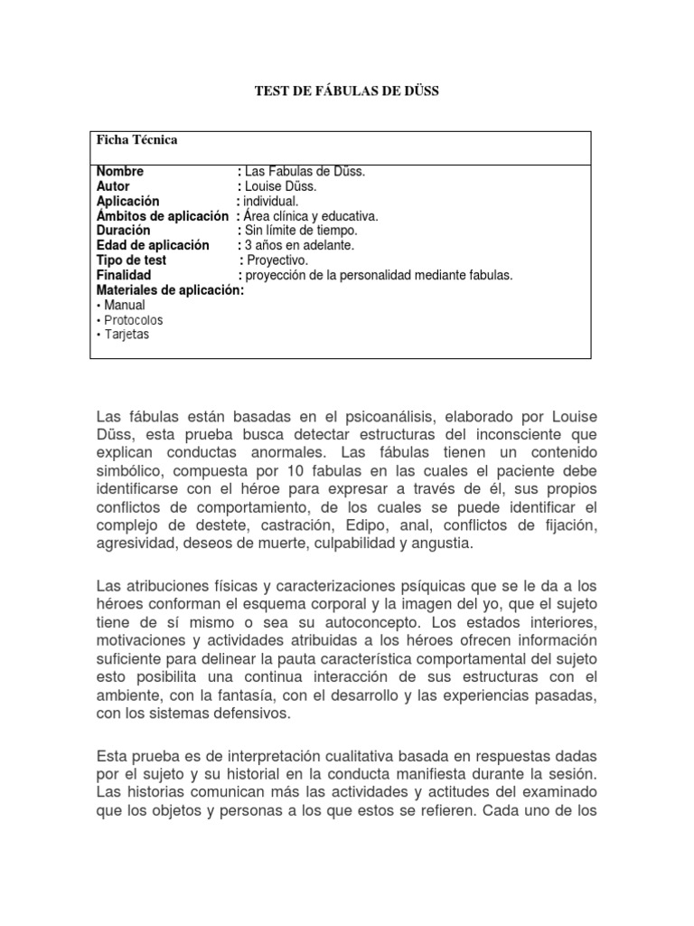 Test de Fábulas de Düss | PDF | Complejo de Edipo | Comportamiento