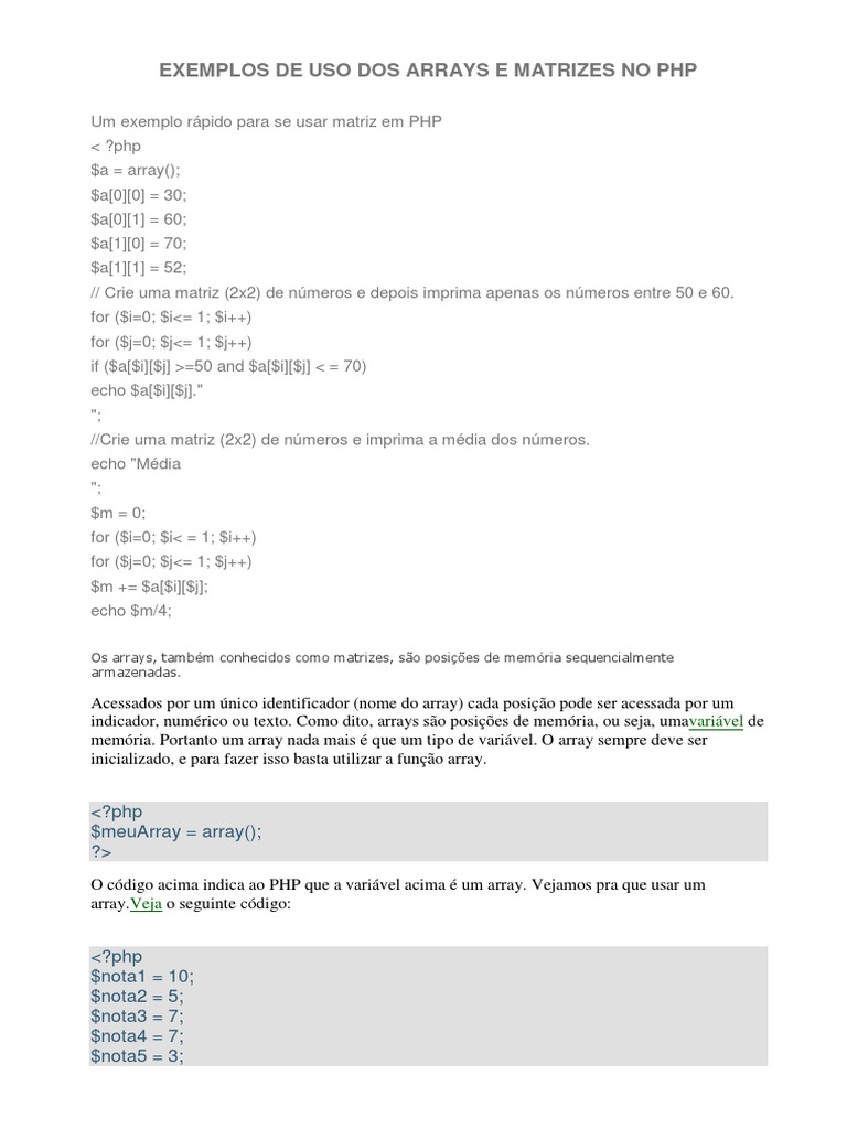 Exemplos de Uso Dos Arrays e Matrizes No PHP | PDF | Estrutura de dados de matriz | Dados de ...