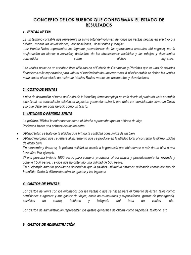 Concepto de Los Rubros Que Conforman El Estado de Resultados ...