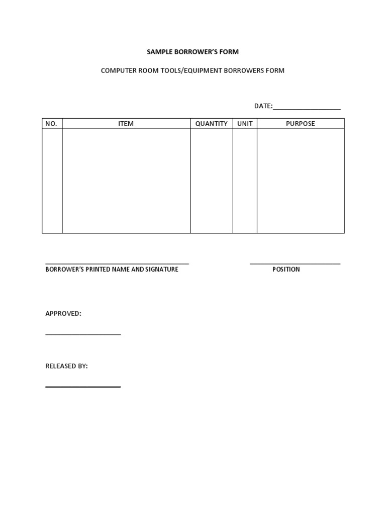 Computer Room Tools/Equipment Borrowers Form: Sample Borrower'S Form | PDF Computer Room Tools/Equipment Borrowers Form: Sample Borrower'S Form | PDF