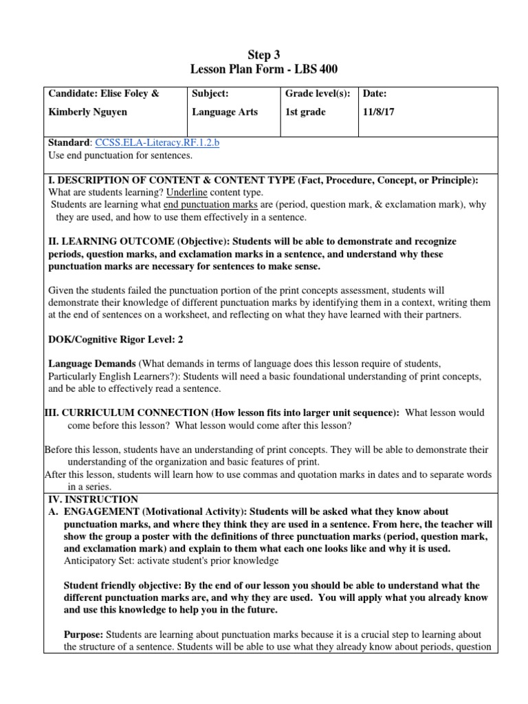 Lesson Plan Punctuation | Punctuation | Lesson Plan
