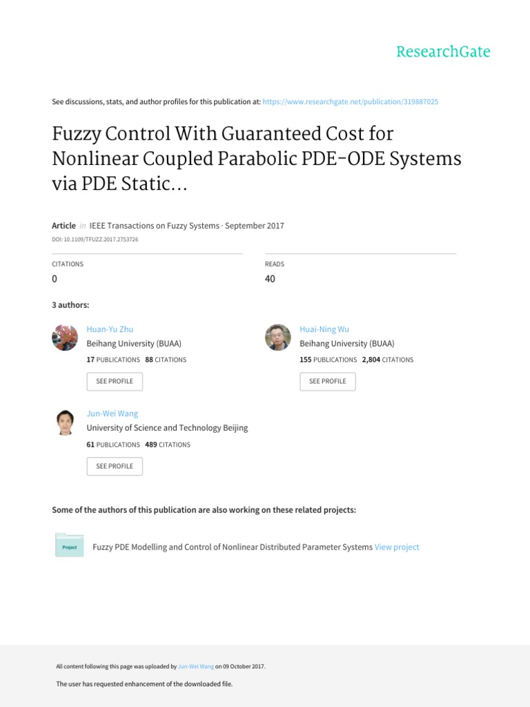 Fuzzy Control With Guaranteed Cost For Nonlinear Coupled Parabolic PDE-ODE Systems Via PDE ...