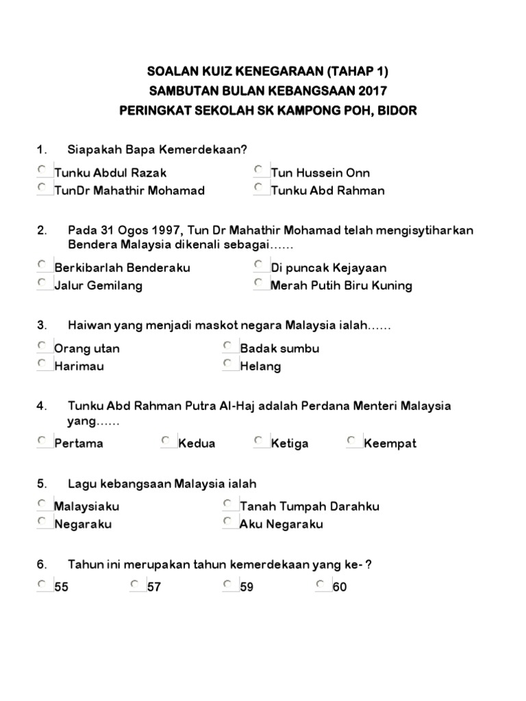 Kuiz Merdeka Tahap 1 | PDF