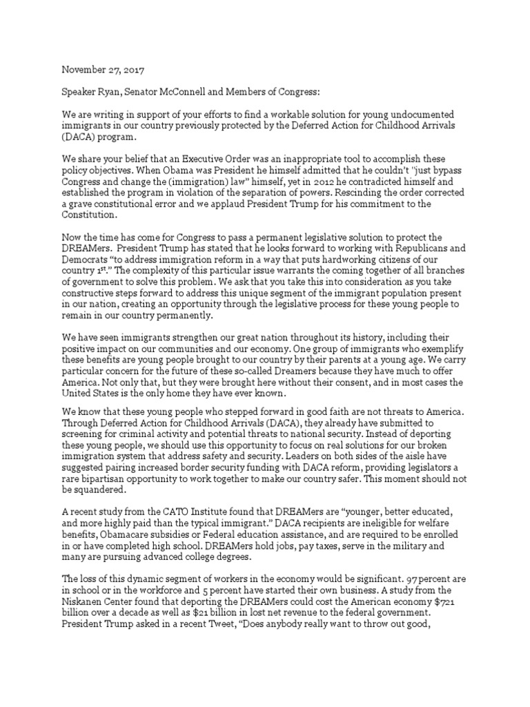 DACA LTR To Congressional Leadership 10-2017 W Signers | PDF | Deferred ...