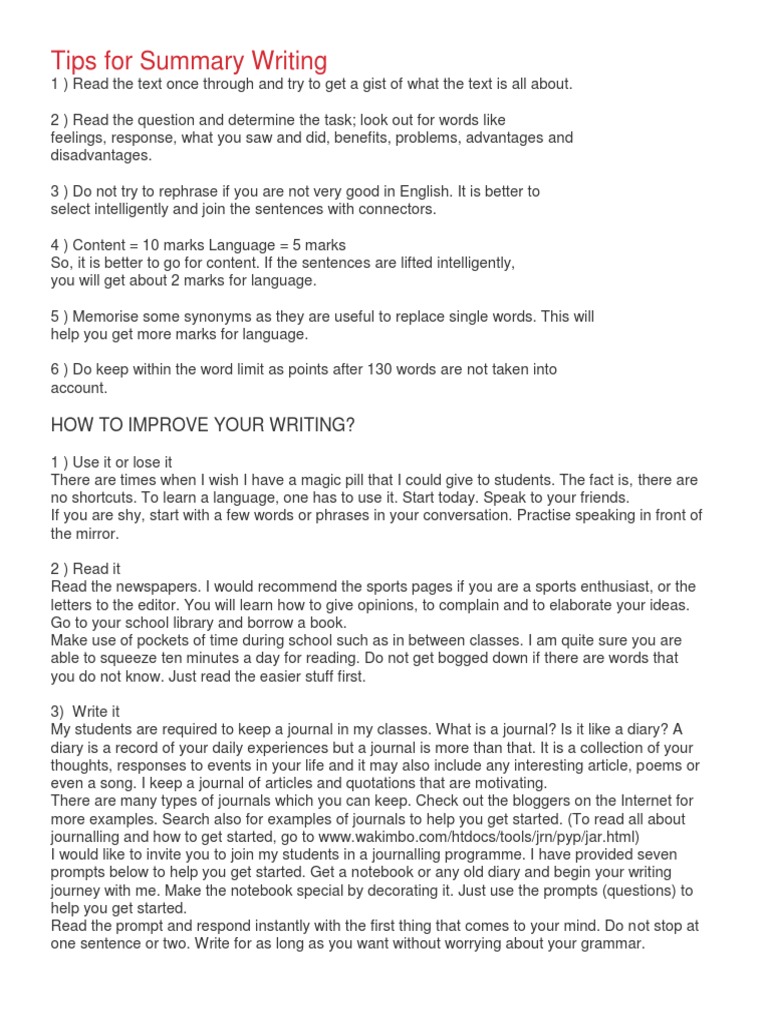 Tips For Summary Writing | PDF | Paragraph | Essays