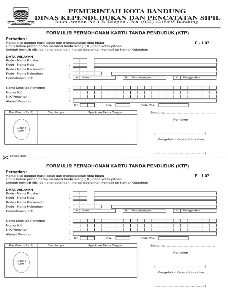 FORMULIR PERMOHONAN KARTU TANDA PENDUDUK (KTP) | PDF