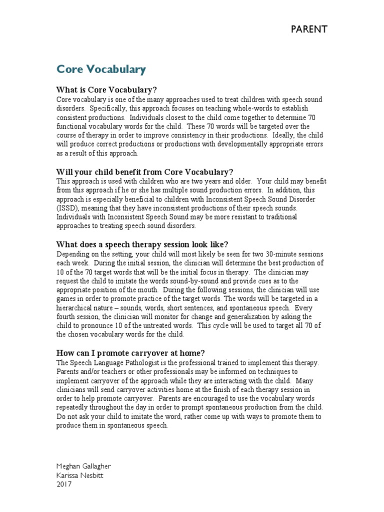 Core Vocabulary Parent Handout | PDF | Vocabulary | Speech