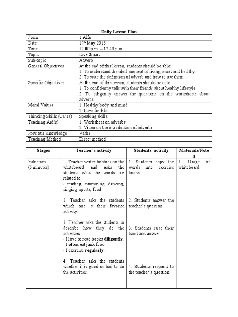 Lesson Plan - Adverb | PDF | Lesson Plan | Adverb