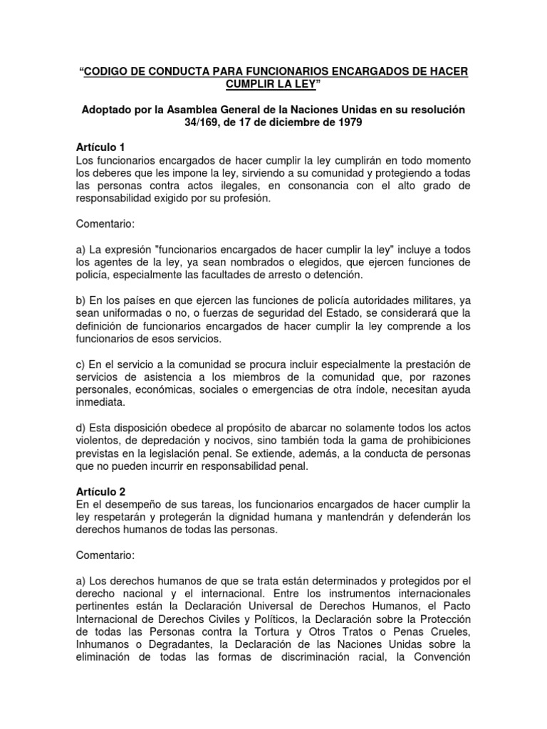 2016076codigo de Conducta para Funcionarios Encargados de Hacer Cumplir La Ley | PDF | Tortura ...