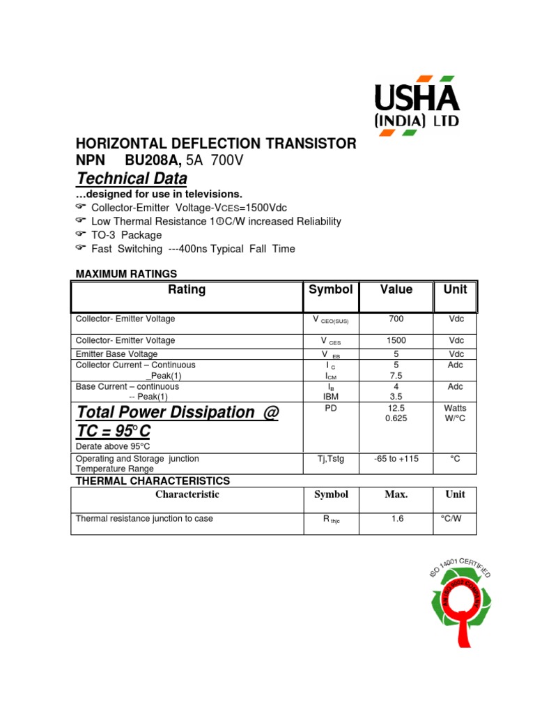 BU208A | PDF | Analog To Digital Converter | Bipolar Junction Transistor