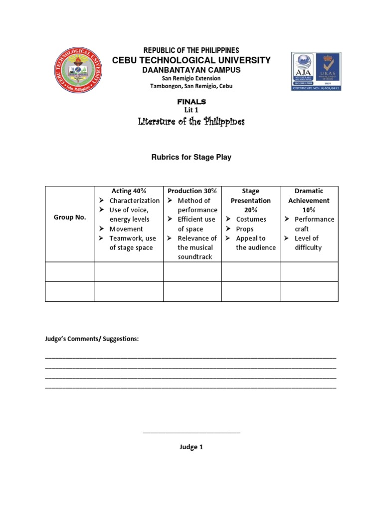 Rubrics for Stage Play