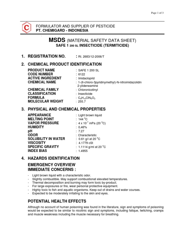 Material Safety Data Sheet for Safe 1 200 SL Insecticide (Termiticide ...