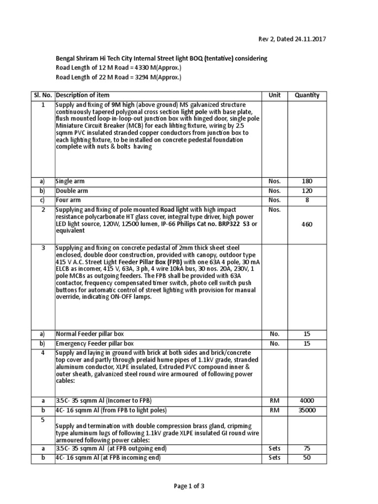 Internal Road Street Light BOQ Sample | PDF | Wire | Switch