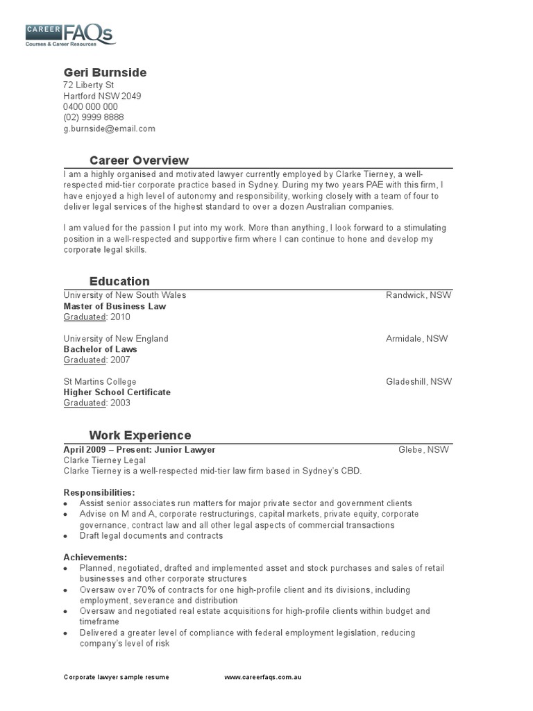 Corporate Lawyer Sample Resume | New South Wales | Lawyer
