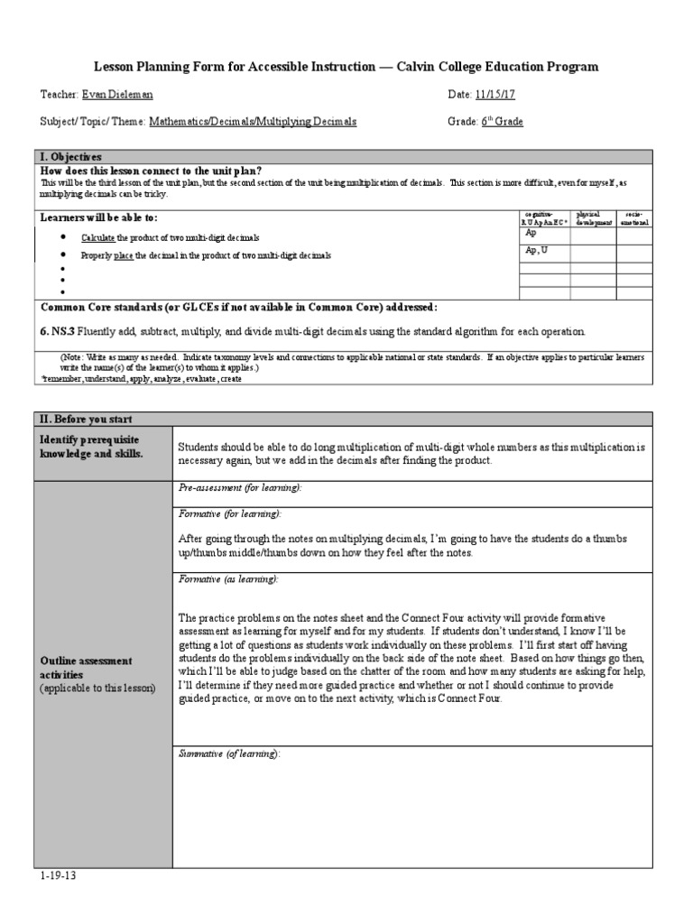 Lesson Planning Form For Accessible Instruction - Calvin College ...