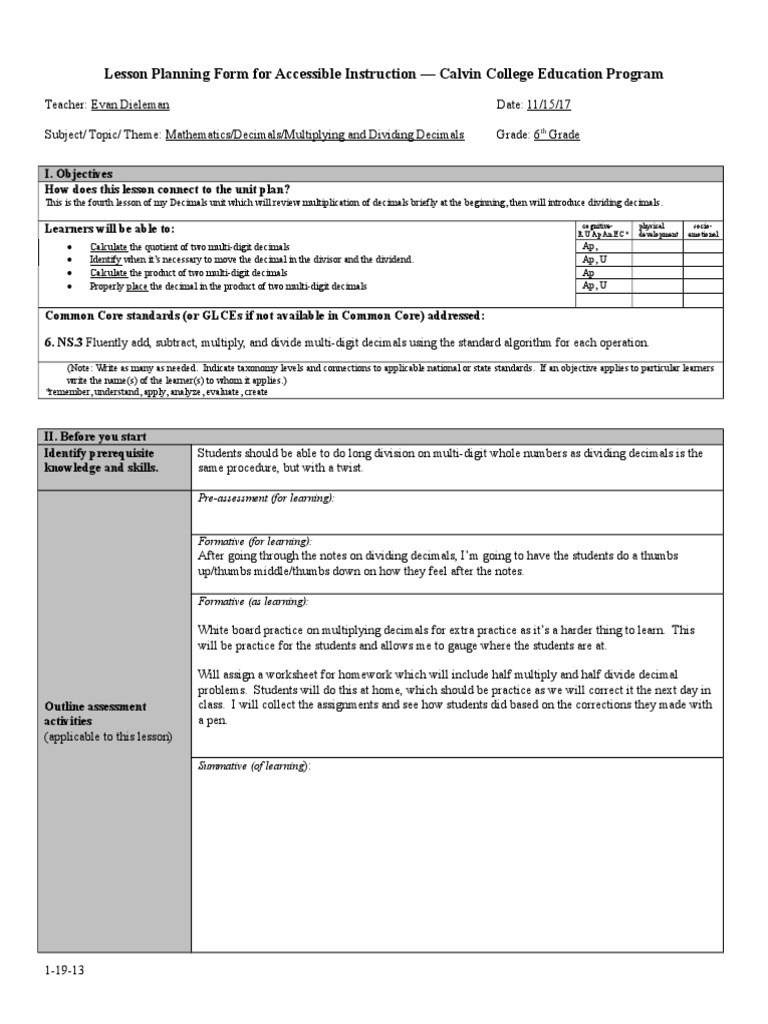 Lesson Planning Form For Accessible Instruction - Calvin College ...
