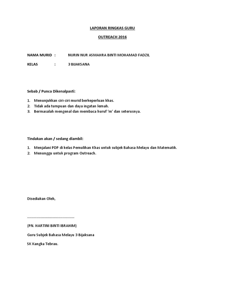 Contoh Laporan Ringkas Guru Untuk Pencalonan Outreach | PDF