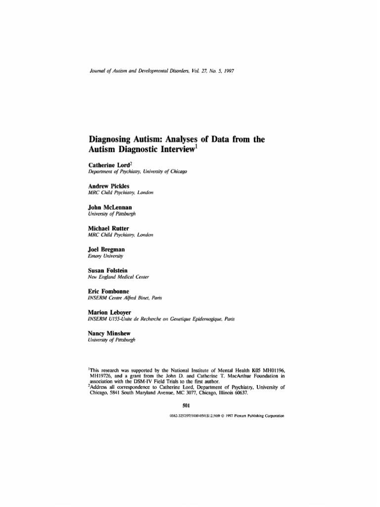 Diagnosing Autism-Analyses of Data From the Autism Diagnostic Interview ...