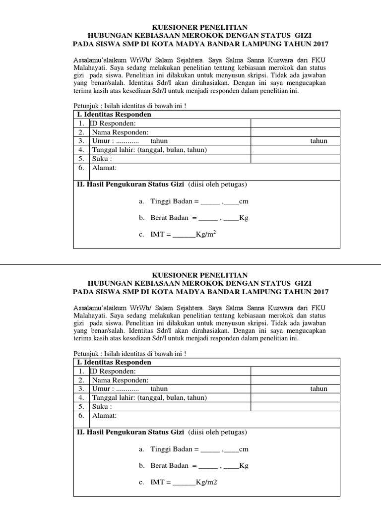 Kuisioner Identitas Dan Status Gizi Dengan IMT | PDF