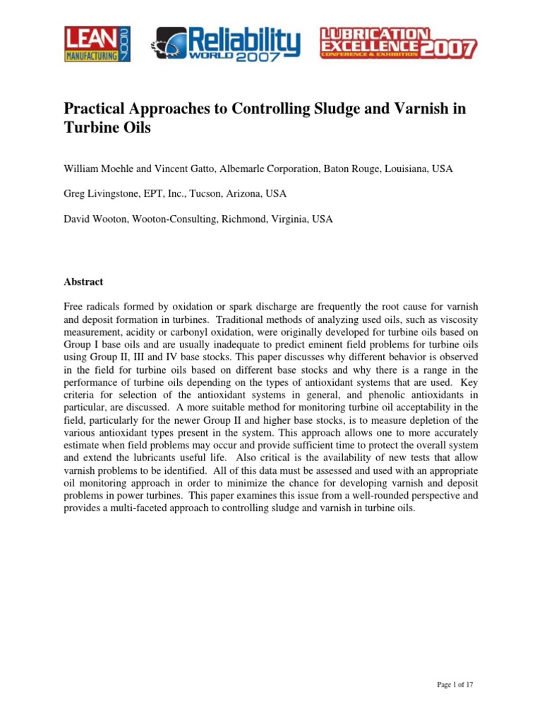 Practical Approaches To Controllong Sludge and Varnish in Turbine Oils ...