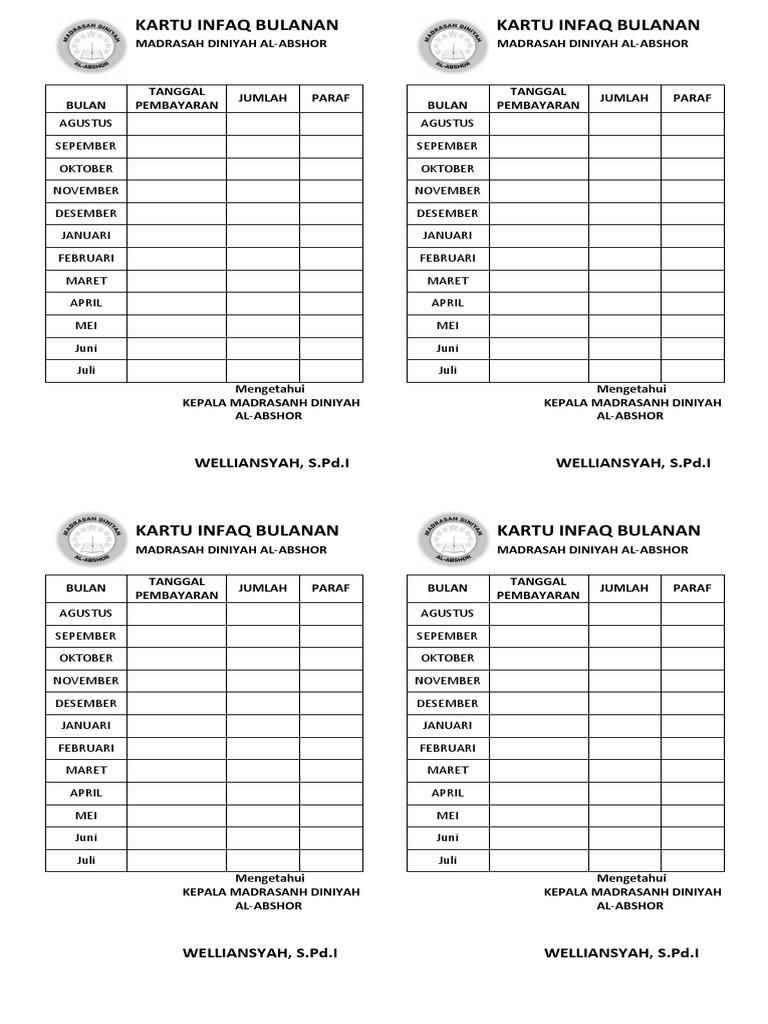 Kartu Infaq Bulanan Madrasah | PDF