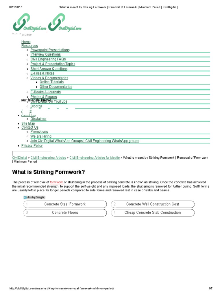 What Is Meant by Striking Formwork - Removal of Formwork - Minimum Period - CivilDigital | PDF ...