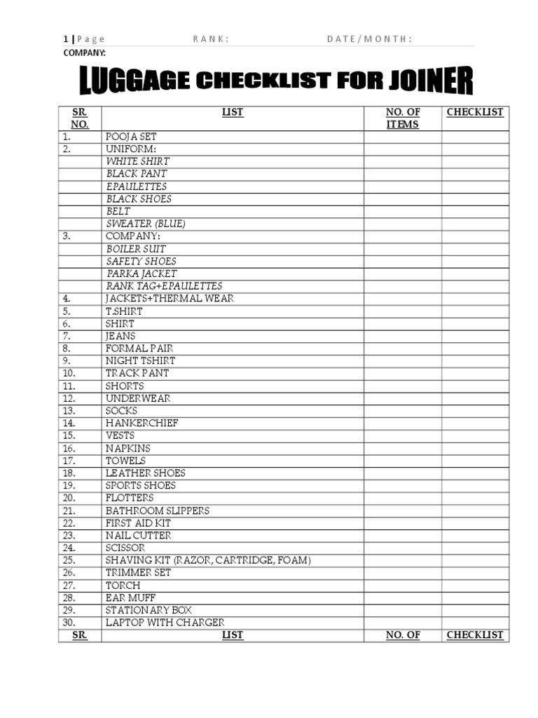 Luggage Checklist For Joiner | PDF